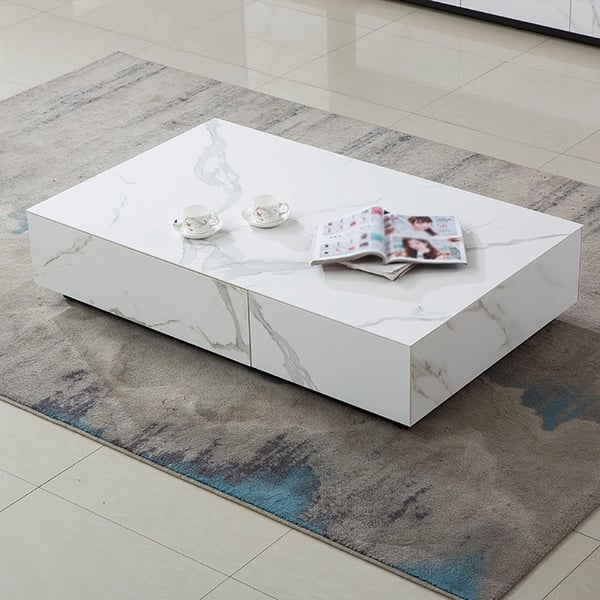 Modern Rectangular White Coffee Table Sintered Stone & Wood Drawers ...