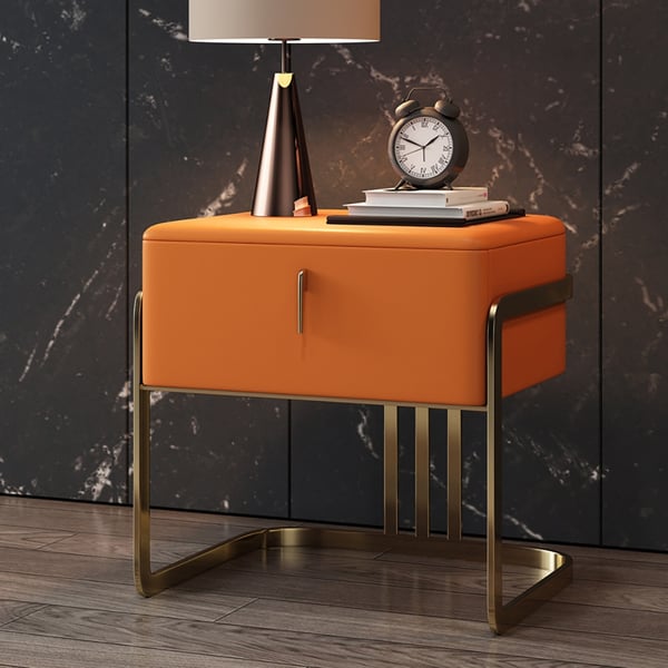 Italian Minimalist Orange Nightstand Upholstered Leather Surface with 1 ...