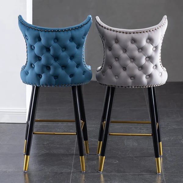 Blue Counter Height Bar Stool Velvet Upholstery with Tufted Back Set of ...