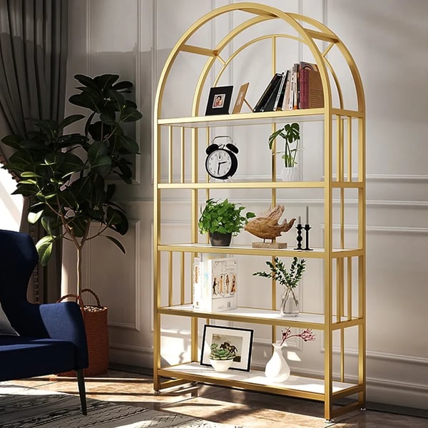 1800mm Contemporary Etagere Bookshelf in White & Gold | Homary UK
