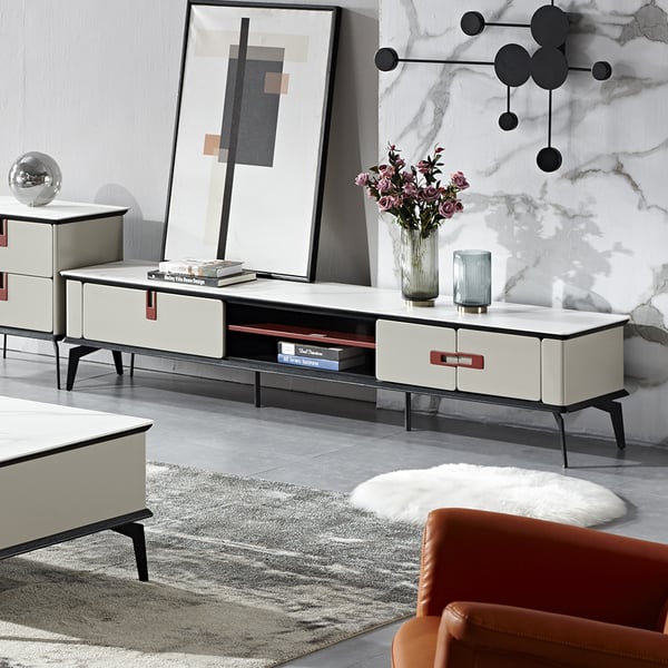 Nordic Off White TV Stand Stone Top Media Console with Storage | Homary
