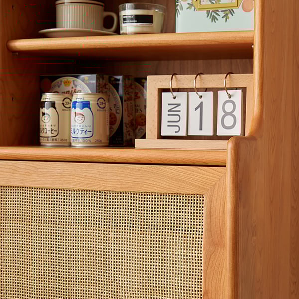 Walnut Display Cabinet 1 Rolling-over Ratten Door & Open Storage Cane Cabinet | Homary UK