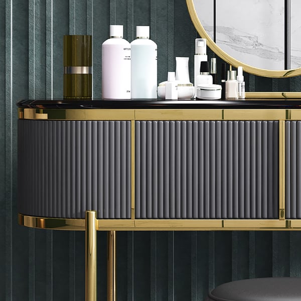 2 Drawers Modern Gray Makeup Vanity Set Faux Marble Top Mirror & Stool ...