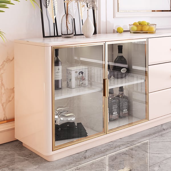 Modern White Buffet Stone Top Tempered Glass Doors Sideboard with ...