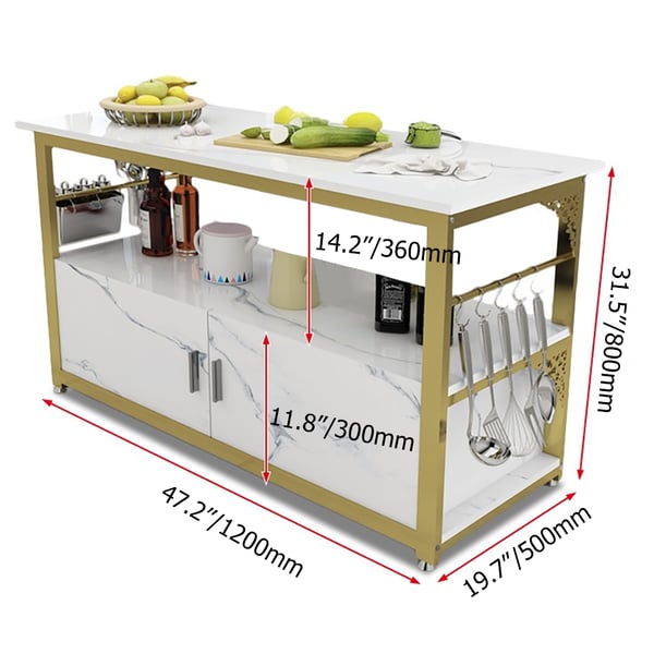 White Kitchen Island Modern Kitchen Cabinet with Shelf & Rods Gold ...