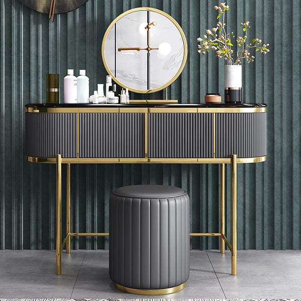 2 Drawers Modern Gray Makeup Vanity Set Faux Marble Top Mirror & Stool ...