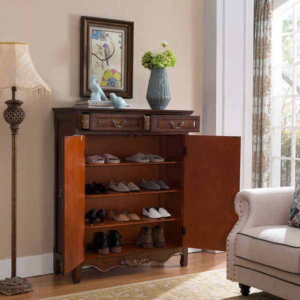 Vintage Walnut Shoe Cabinet Florally Patterned & Embossed 16 Pairs Shoe ...