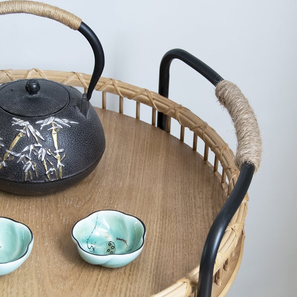 Rustic Side Table Rattan Bar Cart with Rolling Foot Woven Side Table-Homary