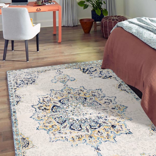 5'×8' Retro Ethno-Stil Blau & Beige Rechteck Bereich Teppich-Homary