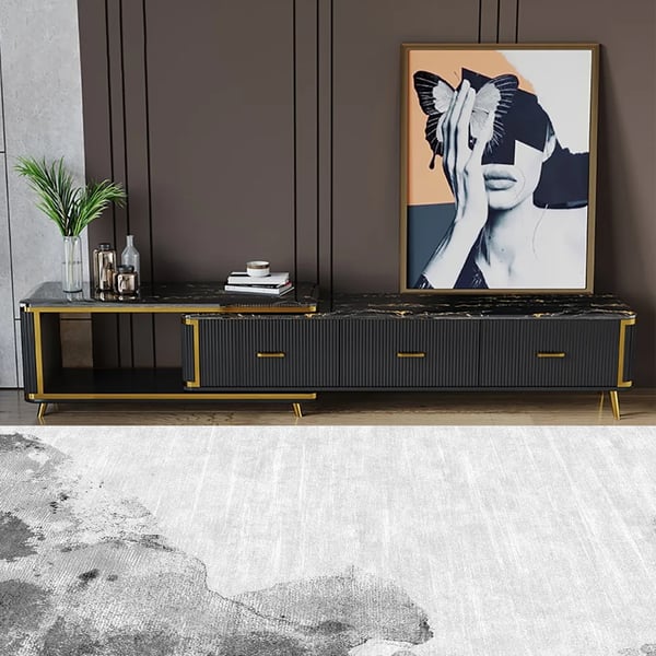Modern Black TV Stand Faux Marble Top Luxury Extendable Media Console ...