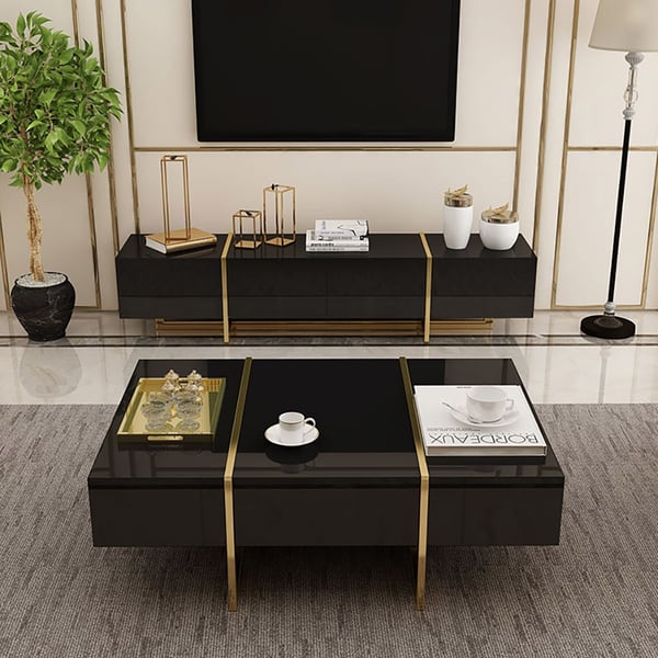 Black Rectangular Coffee Table with Stainless Steel Base & Storage | Homary