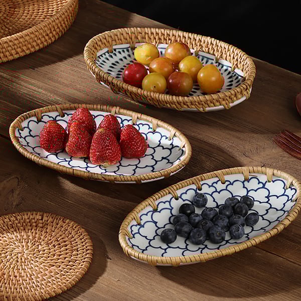 Rustic Modern Ceramic Fruit Bowl with Rattan Side | Homary UK