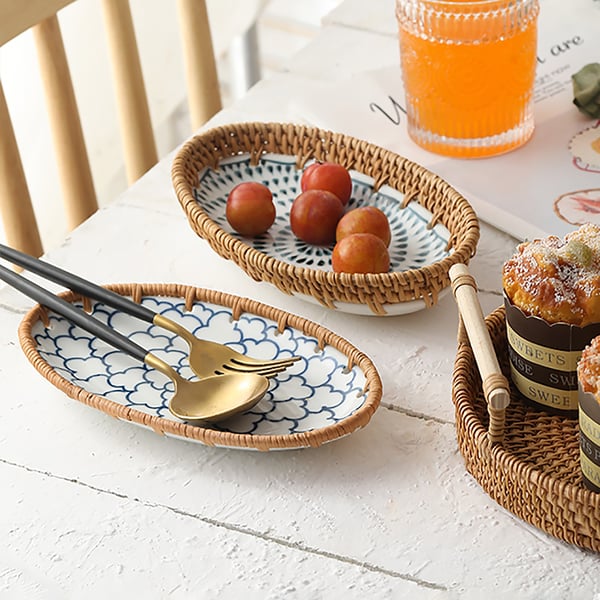 Rustic Modern Ceramic Fruit Bowl with Rattan Side | Homary UK