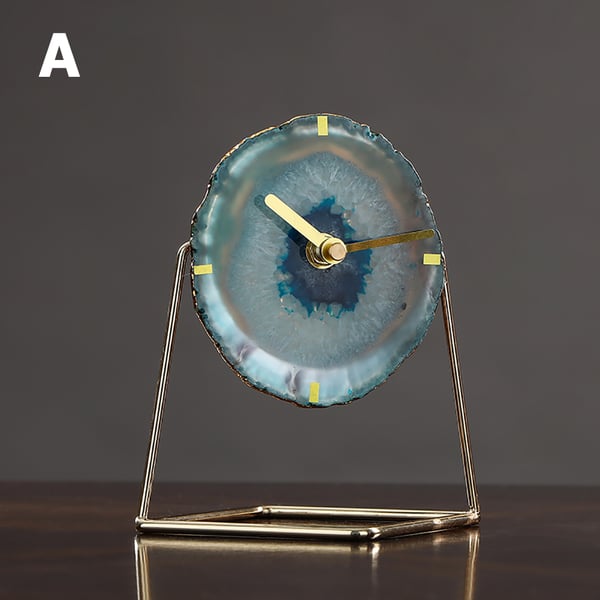 Alloy & Agate Decorative Stone Table Clock with Golden Metal Pointers ...