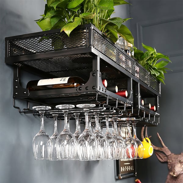 Industrial Wall Mounted Metal Wine Rack in Black | Homary
