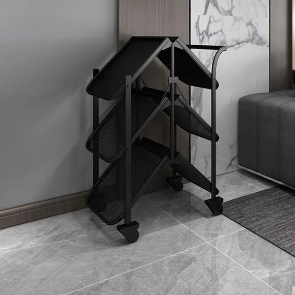 Black Foldable Bar Cart 3-Tier 25.2" Rolling Serving Cart with Handle ...