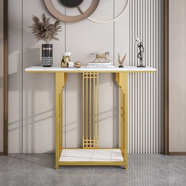 White Console Table with Storage Sintered Stone Top & Metal Frame | Homary