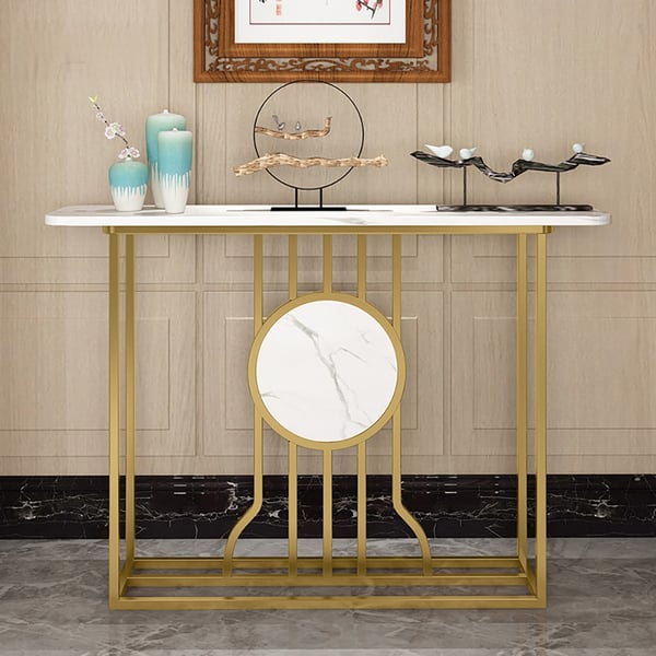 Modern White Console Table Decor with Marble Top & Metal Frame-Homary