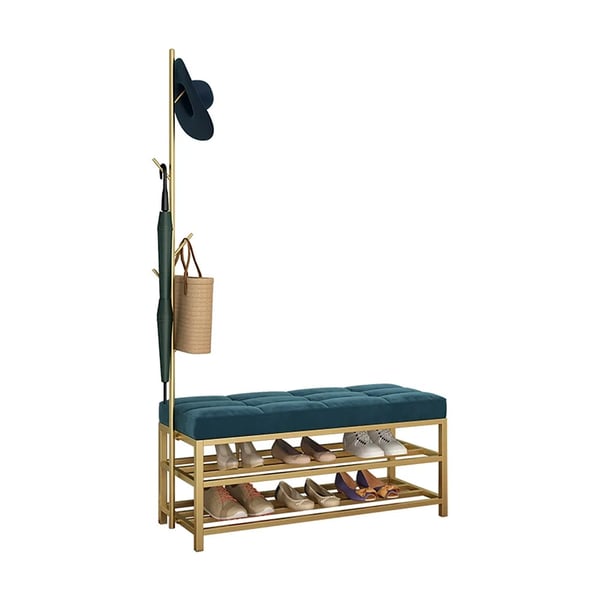 Entryway Upholstery Shoe Bench with Coat Rack-Blue | Homary