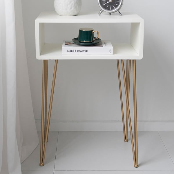 Modern White End Table with Storage in MDF & Metal | Homary