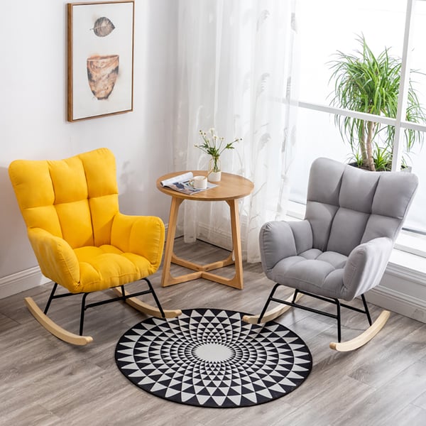 Modern Gray Rocking Accent Chair Cotton & Linen Tufted Upholstery -Homary