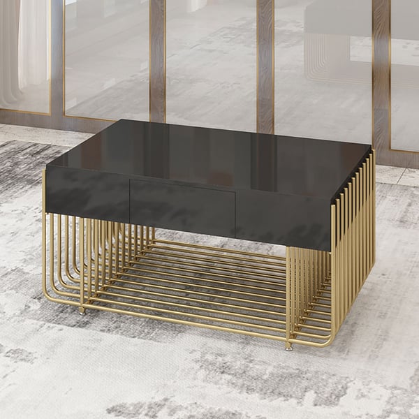Modern Black Coffee Table with Storage Rectangle MDF Top & Metal Frame ...