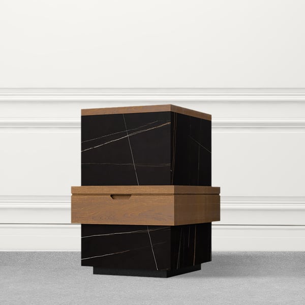 Black Modern End Table with Storage in Sintered Stone & Wood & Metal ...
