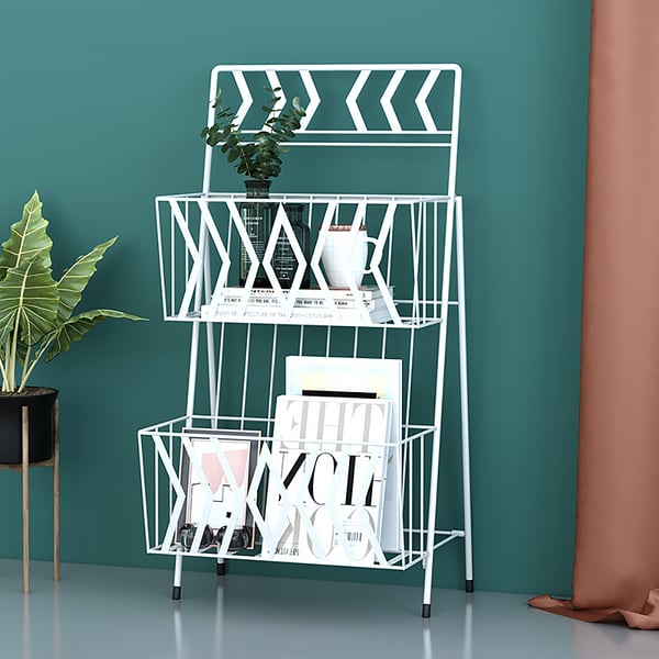White 2-Tier Shelf Metal Magazine Rack-Homary