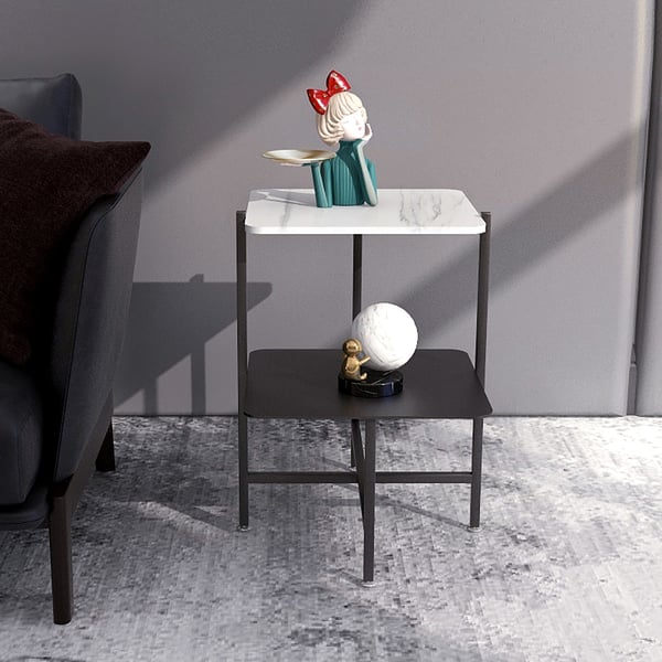 White Side table with Storage Marble Top&Metal Frame 2-Tiers Storage ...