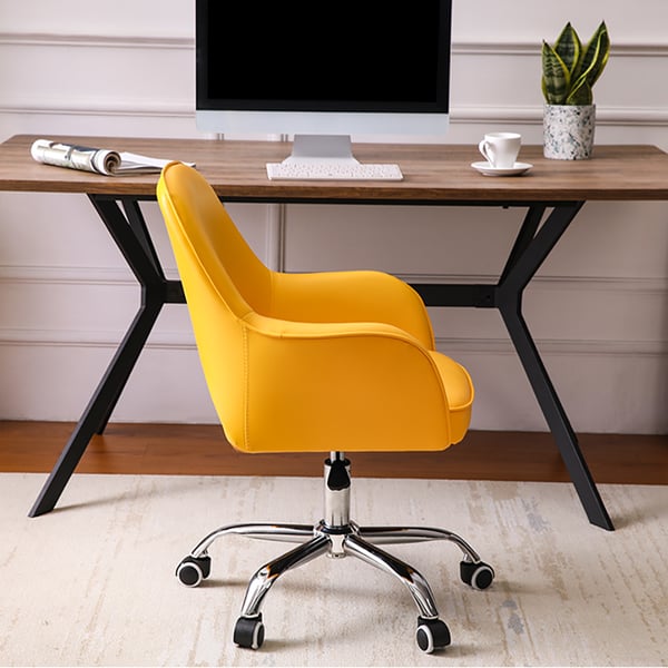 Yellow Swivel Upholstered Faux Leather Task Chair Adjustable Height-Homary