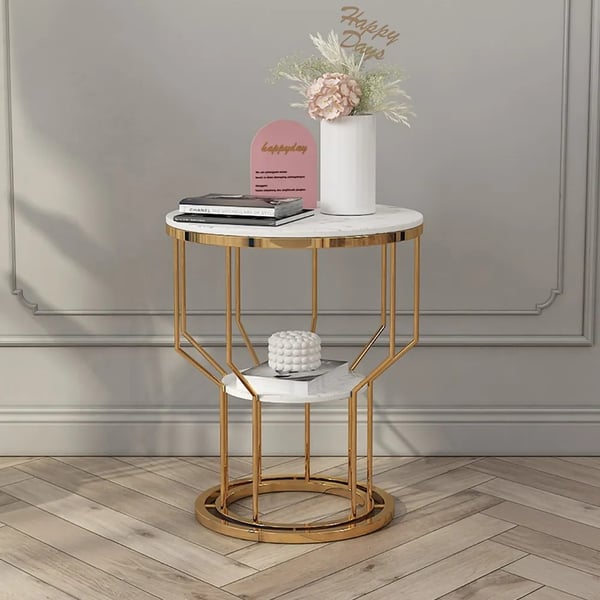 2-Tiered White Round Side Table with Storage Marble Top | Homary UK