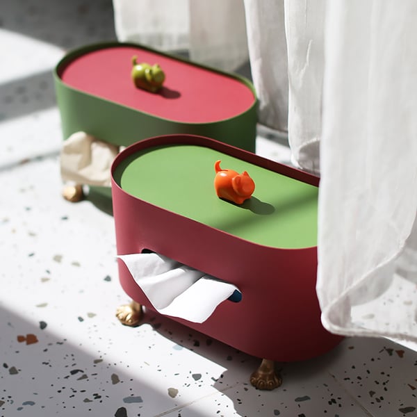 Modern Desktop Pull-Out Tissue Box with Tray Top & 4 Cat Legs | Homary UK