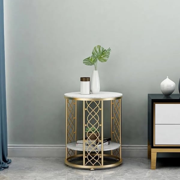 Modern White Round End Table with Storage Marble Side Table Metal in ...