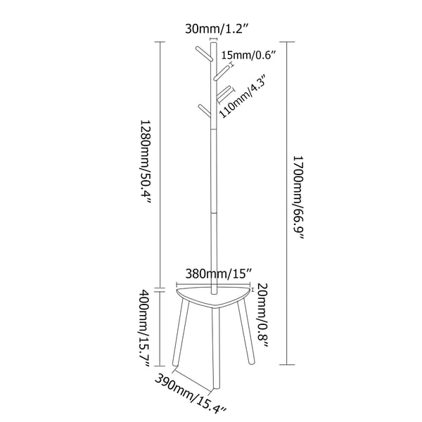 66" Black Walnut Solid Wood Coat Rack with Triangle Base-Homary