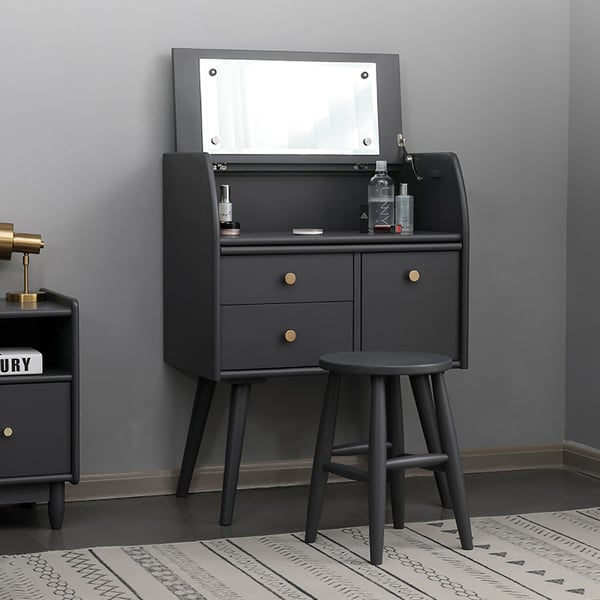Nordic Grey Wood Makeup Table with 3 Drawers Flip-Top Mirror-Homary