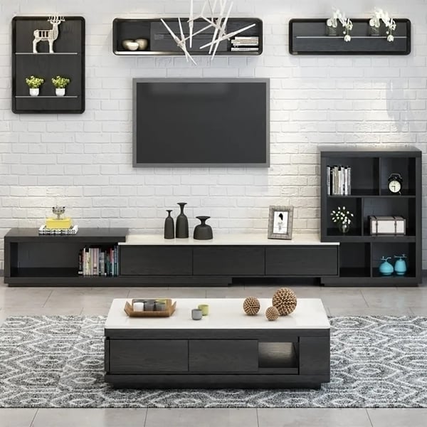 Black Rectangle Coffee Table with Storage Modern Faux Marble Accent ...