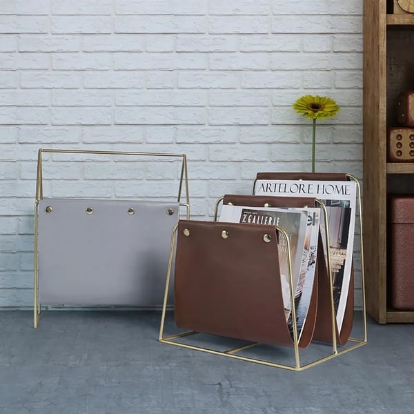Gray 2-Tiered Decorative Magazine Rack in Leather | Homary