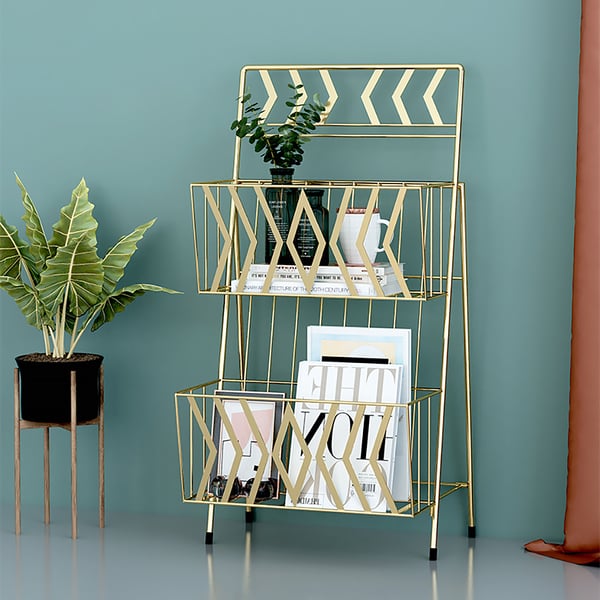 Gold 2-Tier Shelf Metal Magazine Rack | Homary