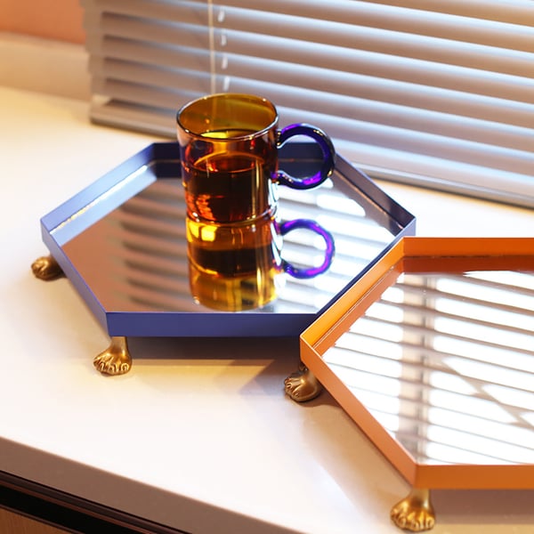 Modern Hexagonal Tray Desk Organiser with Mirror Surface & 6 Cat Paws ...
