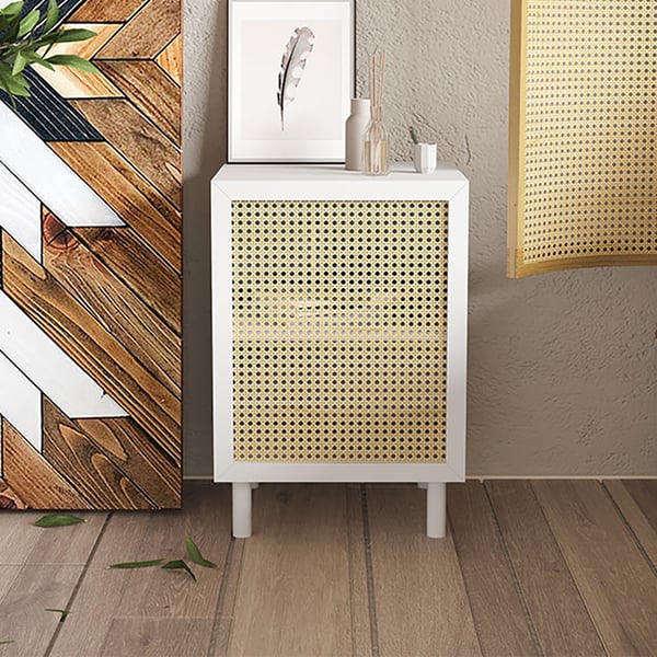 Nordic White Nightstand Rattan Woven Bedside Table with 1 Door &1 Shelf ...