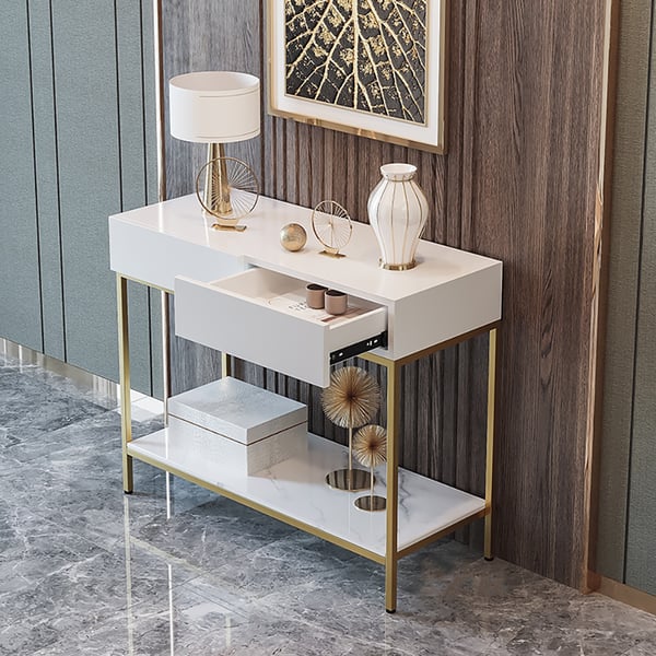 White Console Table with Drawers & Shelf Metal Frame | Homary UK