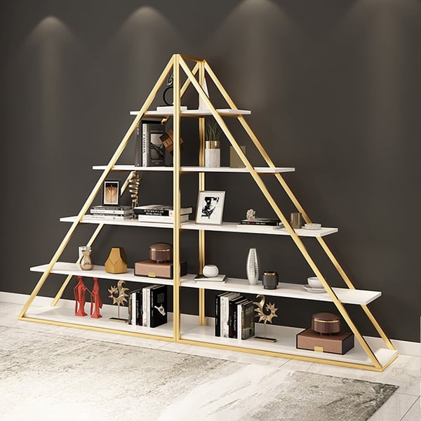 Half Pyramid 5-Tiered Freestanding Etagere Bookshelf in Gold & White ...