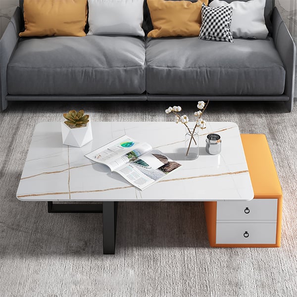 Modern White Coffee Table with Drawer in Sintered Stone Top & Metal ...