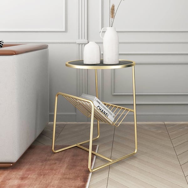 Black Modern End Table with Storage Sintered Stone Top & Metal Frame ...