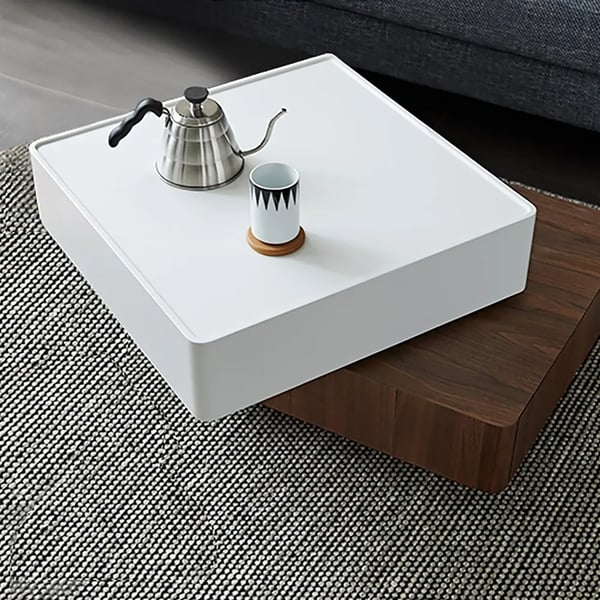 White&Walnut Square Rotating Coffee Table Modern Accent Table with 2 ...