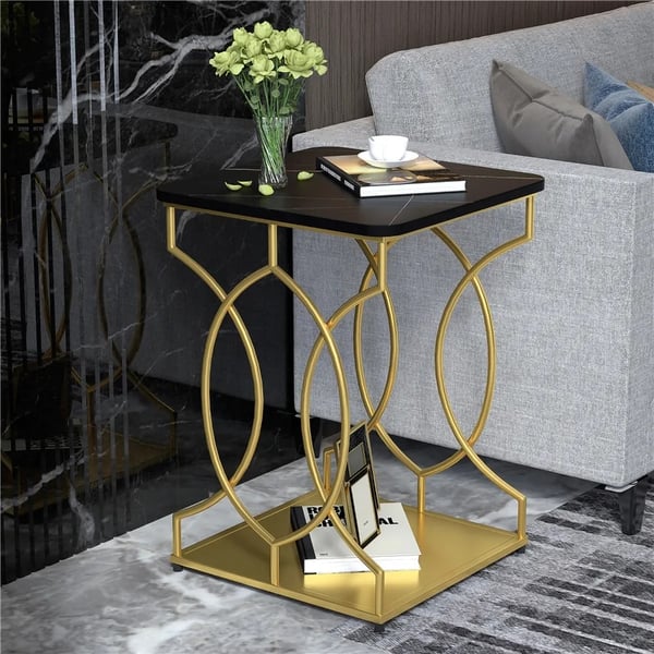 Black Modern Square End Table with Shelf Sintered Stone Top & Metal ...