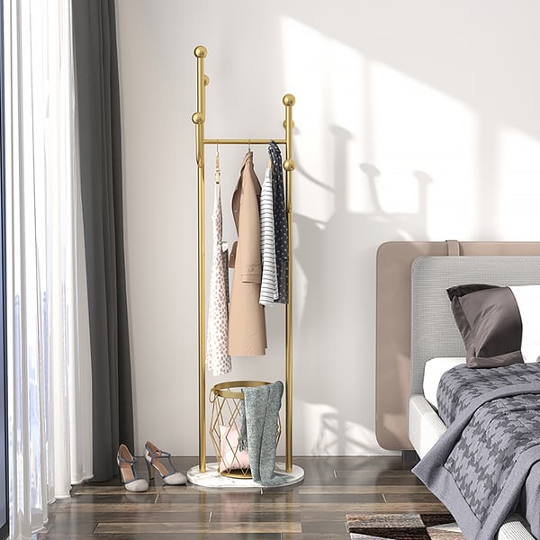 1700mm Contemporary Rail Cloth Rack with Hooks & Basket and Marble Base ...