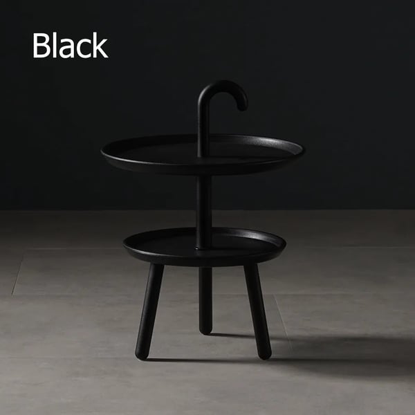Black Round Side Table PP Plastic with 2-Shelf End Table-Homary