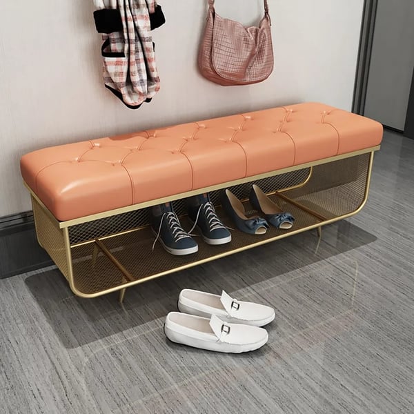 Modern Tufted Upholstered Entryway Bench Orange PU Leather Bench with ...