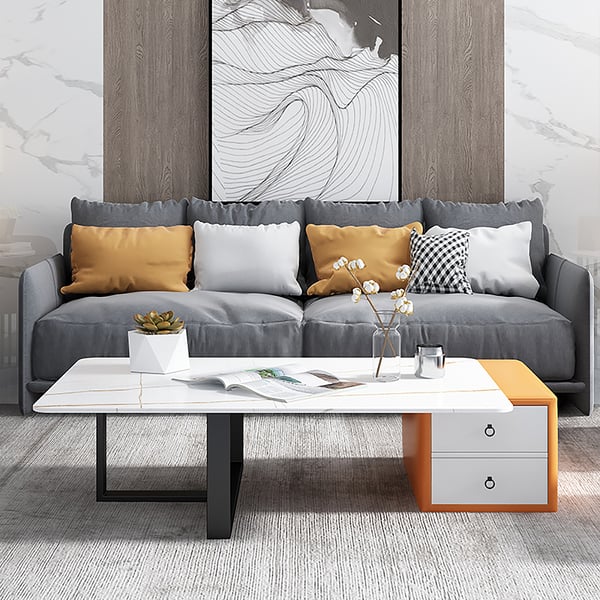 Modern White Coffee Table with Drawer in Sintered Stone Top & Metal ...